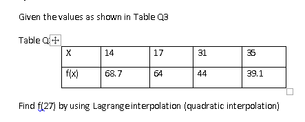 Solved Given the values as shown in Table Q3 Table Q. + X 14 | Chegg.com