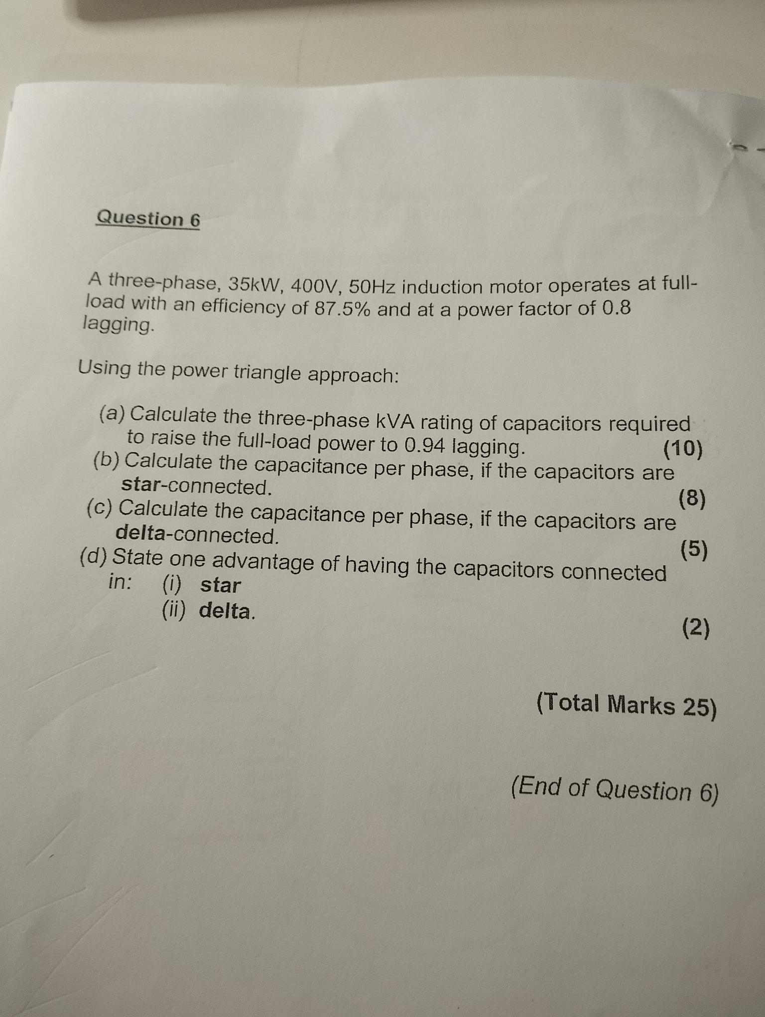 Solved Question 6A three-phase, 35kW,400V,50Hz ﻿induction | Chegg.com
