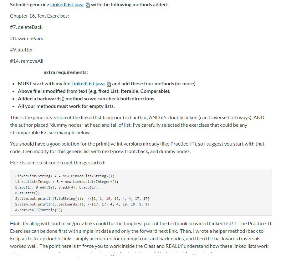 Solved Submit Linkedlistjava With The Following Methods 