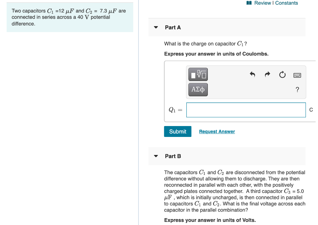 Solved Two capacitors C1C1 =12 μFμF and C2C2 = 7.3 μFμF | Chegg.com