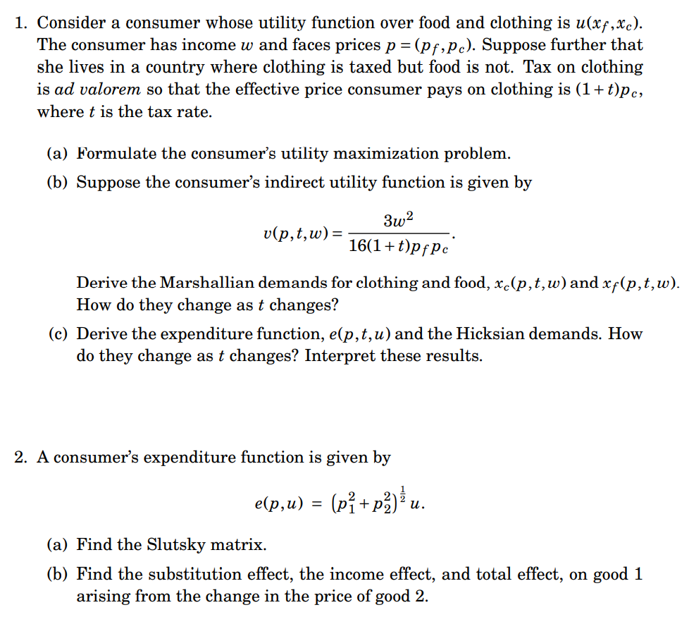 Solved 1. Consider a consumer whose utility function over | Chegg.com