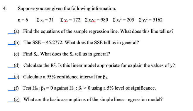 Solved 4. Suppose you are given the following information: | Chegg.com