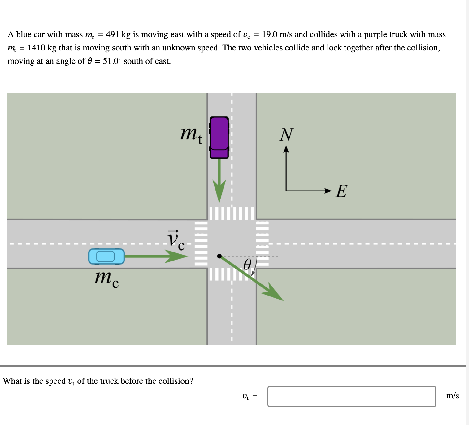 Solved A blue car with mass mc=491 kg is moving east with a | Chegg.com