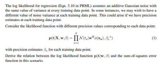 The log likelihood for regression (Eqn. 3.10 in PRML) | Chegg.com
