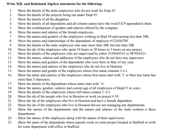 Write SQL and Relational Algebra statements for the | Chegg.com
