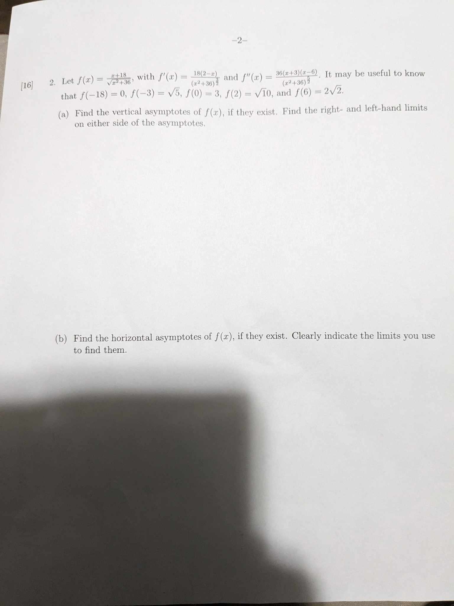Solved 2. Let f(x)=x2+36x+18, with f′(x)=(x2+36)2318(2−x) | Chegg.com