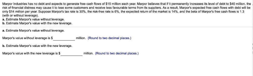 Solved Marpor ndustries has no debt and expects to generate | Chegg.com