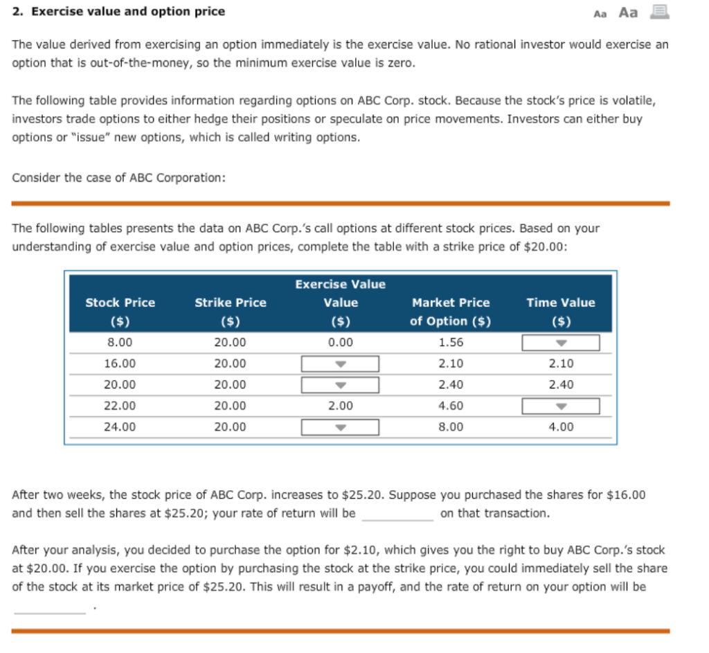 Solved 2. Exercise value and option price Aa Aa The value | Chegg.com