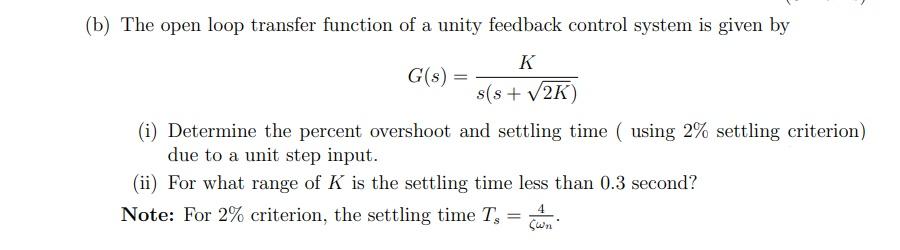 Solved (b) The open loop transfer function of a unity | Chegg.com