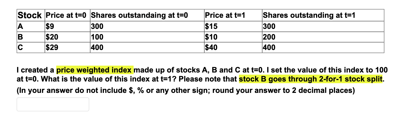 Solved I created a price weighted index made up of stocks | Chegg.com