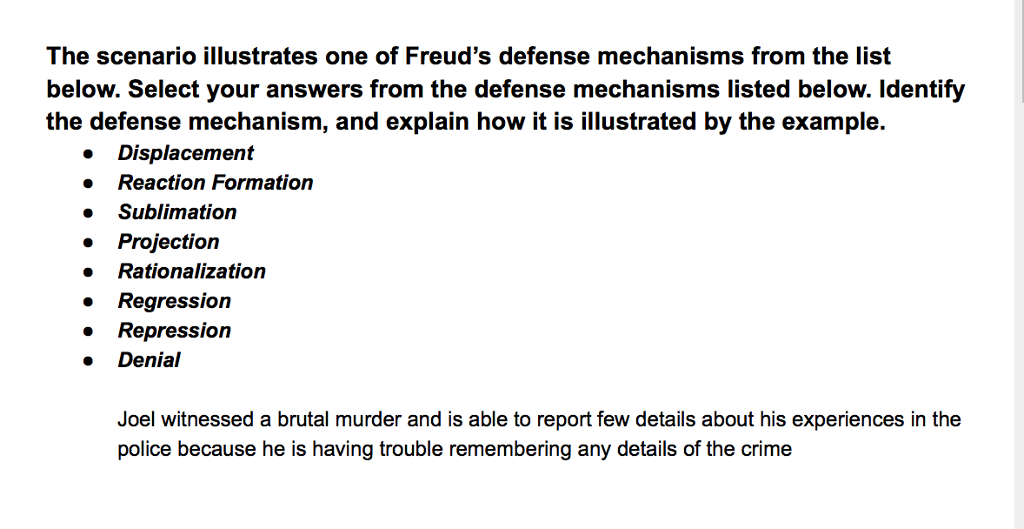 Solved The scenario illustrates one of Freud's defense | Chegg.com