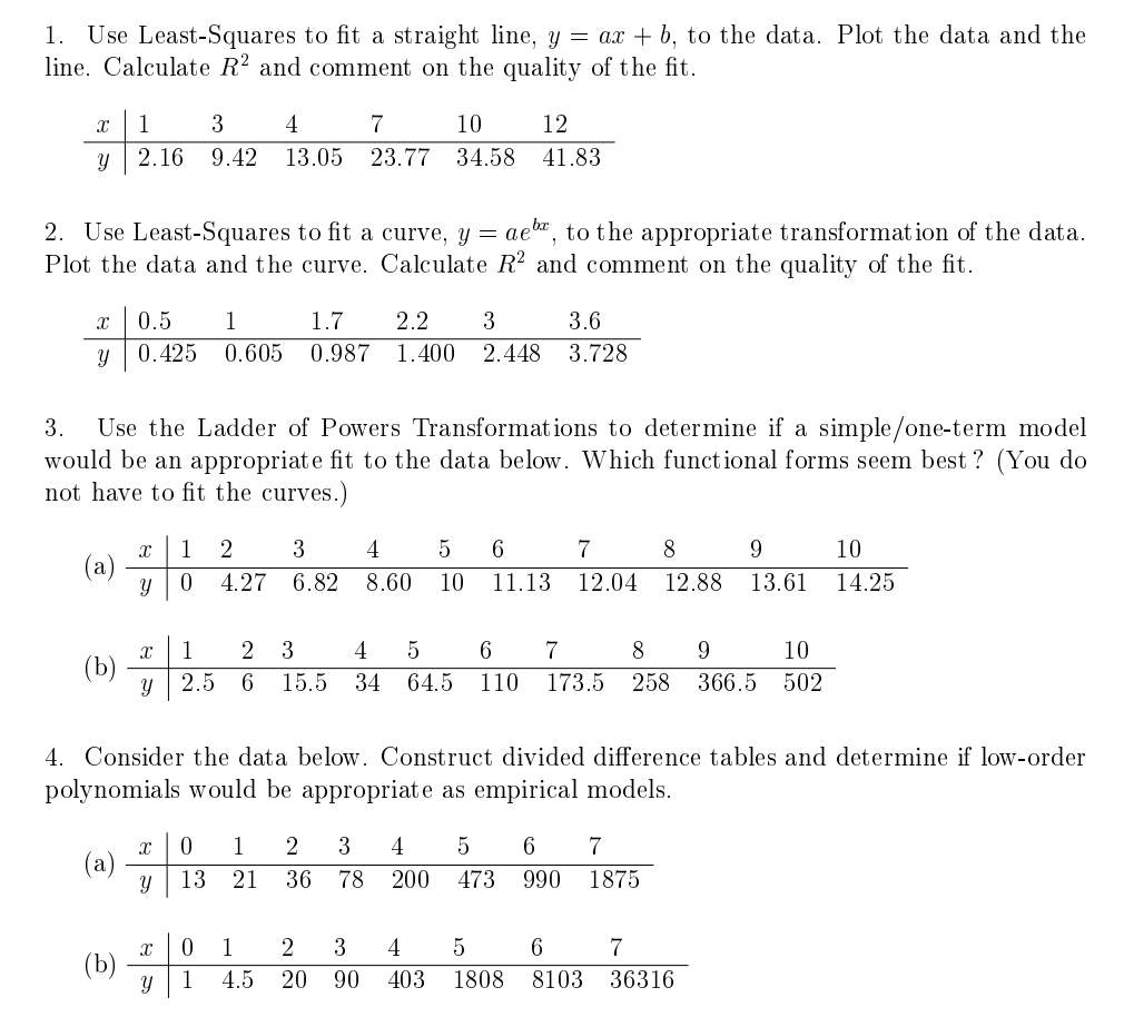Solved 1. Use Least-Squares to fit a straight line, y = ax + | Chegg.com