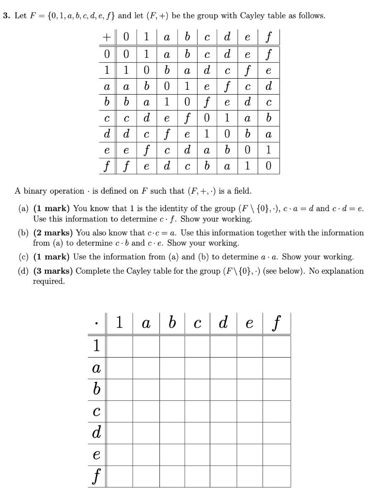 Solved 3. Let F={0,1,a,b,c,d,e,f} and let (F,+) be the group | Chegg.com
