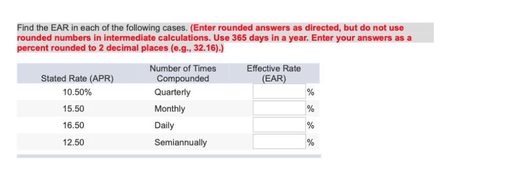 Solved Find the EAR in each of the following cases. (Enter | Chegg.com