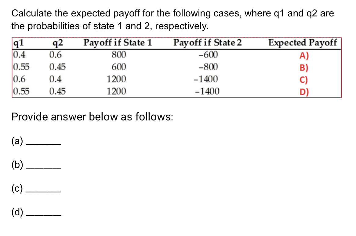Solved q1 Calculate the expected payoff for the following | Chegg.com
