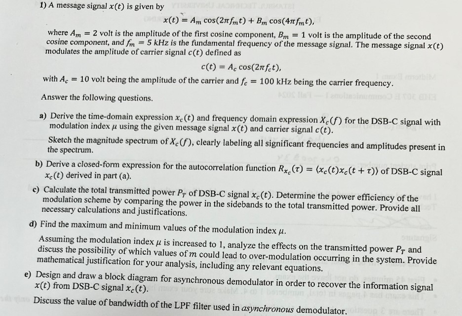 Solved A message signal x(t) is ﻿given | Chegg.com