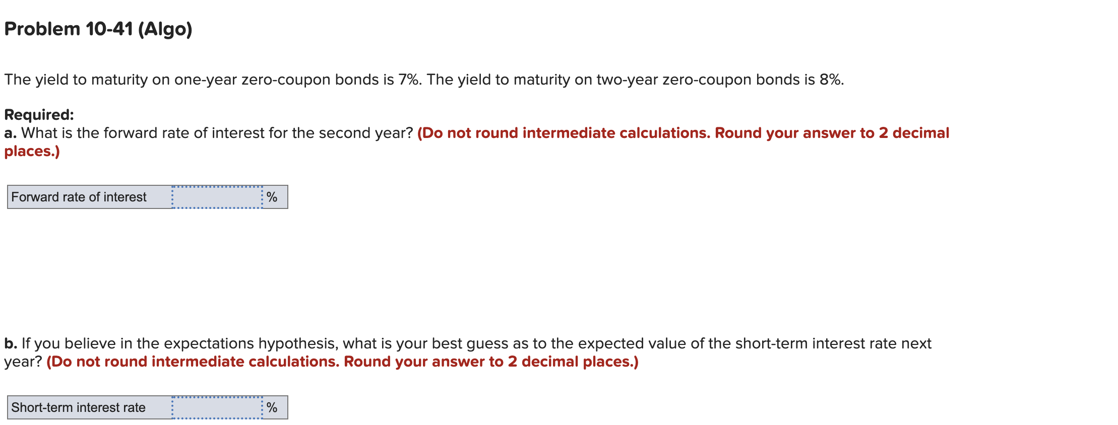 Solved Problem 10-41 (Algo) The yield to maturity on | Chegg.com