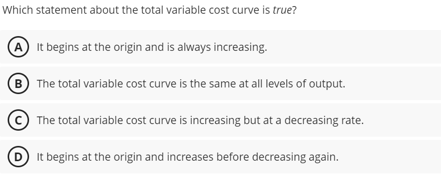 Solved Which statement about the total variable cost curve | Chegg.com