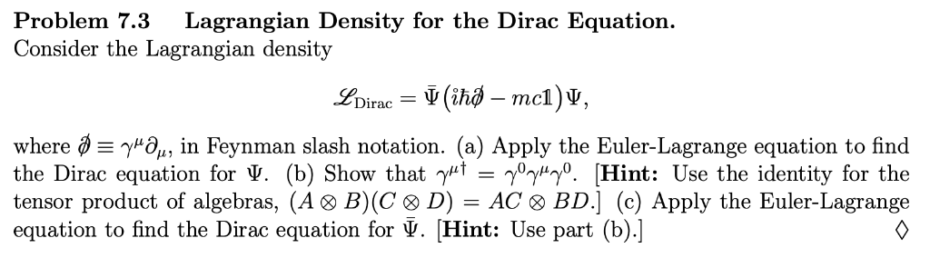 Solved Problem 7.3 Lagrangian Density for the Dirac | Chegg.com