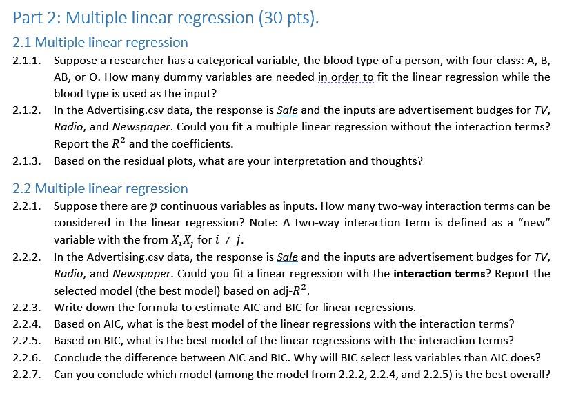 Part 2: Multiple linear regression (30 pts). 2.1 | Chegg.com
