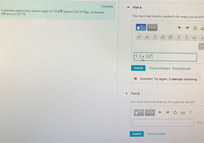 Solved Constants Part A A gasoline engine has a power output | Chegg.com