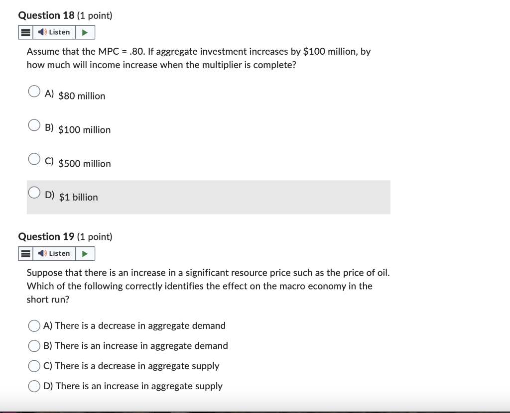 Solved Assume that the MPC =.80. If aggregate investment | Chegg.com