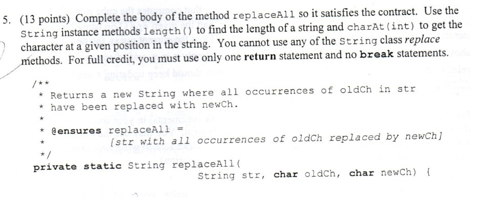 Solved 5. (13 points) Complete the body of the method | Chegg.com
