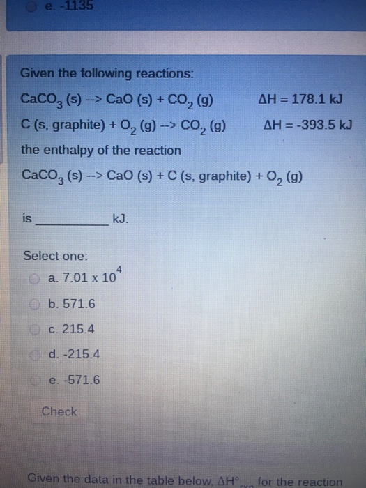 Solved e. -1135 Given the following reactions: CaCO3 (s)-> | Chegg.com