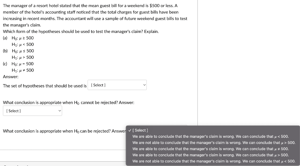Solved The manager of a resort hotel stated that the mean | Chegg.com