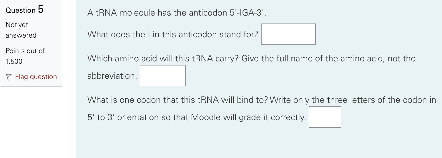 Solved A tRNA molecule has the anticodon 5'-IGA-3'. What | Chegg.com