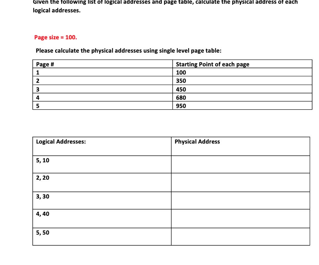 Solved Given the following list of logical addresses and | Chegg.com
