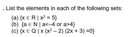 Solved . List the elements in each of the following sets: | Chegg.com