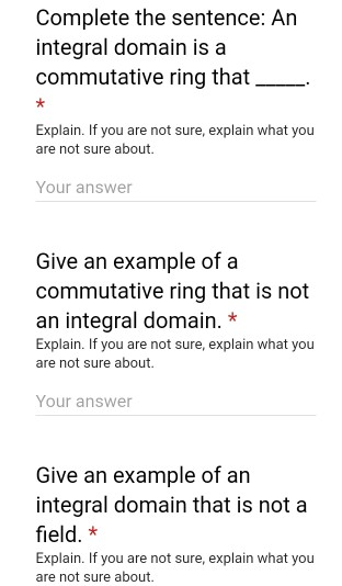 Solved Complete the sentence: An integral domain is a | Chegg.com