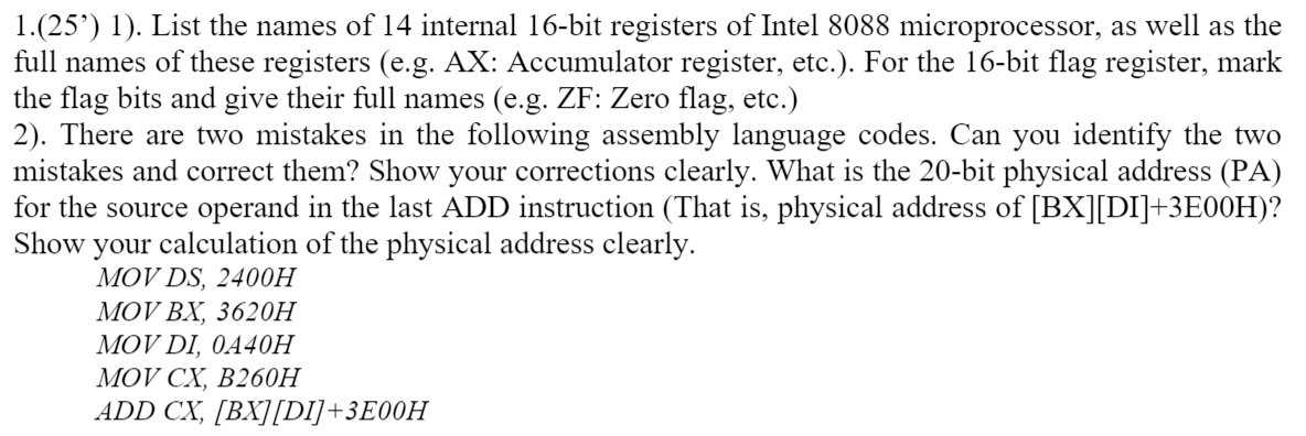 Solved 1.(25') 1). List the names of 14 internal 16-bit | Chegg.com
