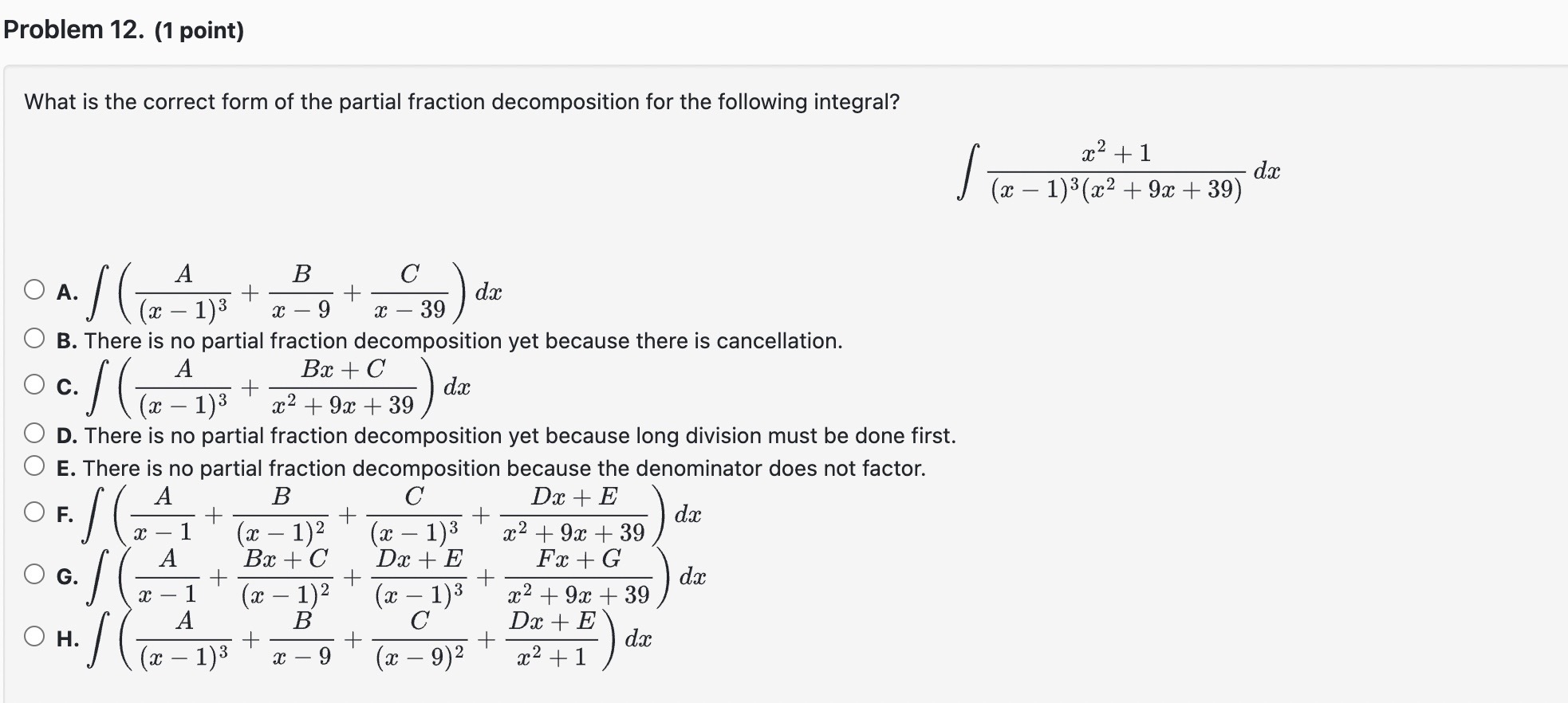 Solved Problem 12. (1 ﻿point)What is the correct form of the | Chegg.com
