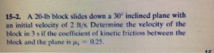 Solved 15-2. A 20-lb block slides down a 30" inclined plane | Chegg.com