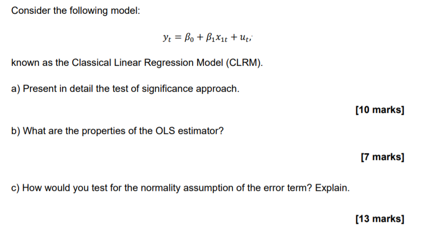 Solved Consider the following model: Yt = Be + Bixit + uti | Chegg.com