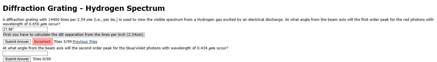 Solved Diffraction Grating - Hydrogen Spectrum wavelenath of | Chegg.com