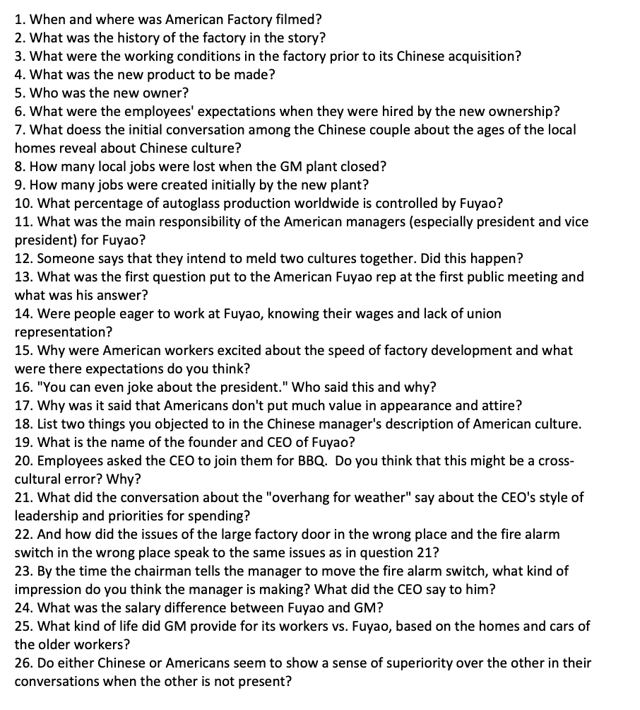 1. When and where was American Factory filmed? 2. | Chegg.com