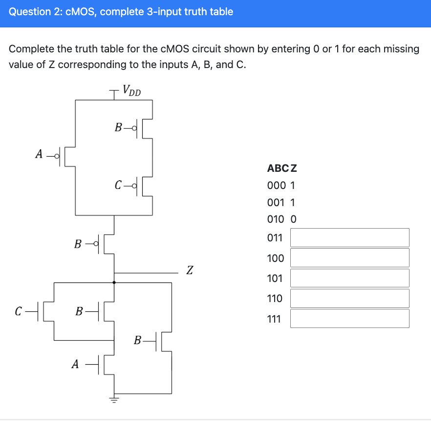 Solved Complete the truth table for the cMOS circuit shown | Chegg.com