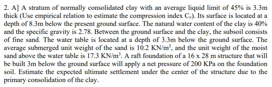 Solved 2. A] A stratum of normally consolidated clay with an | Chegg.com