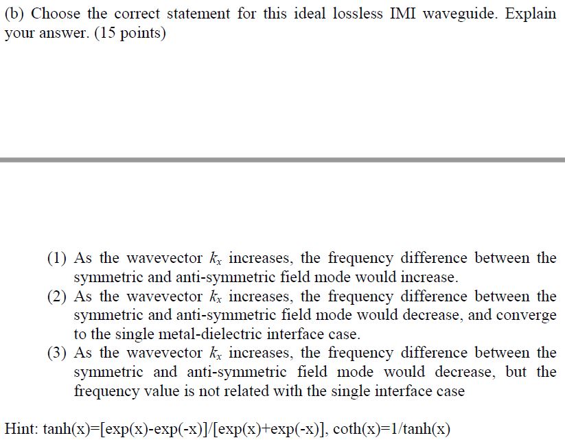Solved 1. (IMI waveguide) A symmetric IMI waveguide with a | Chegg.com