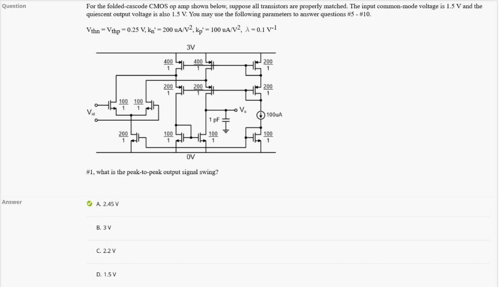 Question For the folded-cascode CMOS op amp shown | Chegg.com