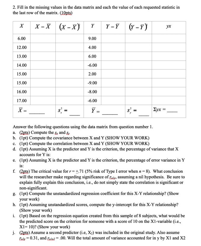 Solved 2. Fill in the missing values in the data matrix and | Chegg.com
