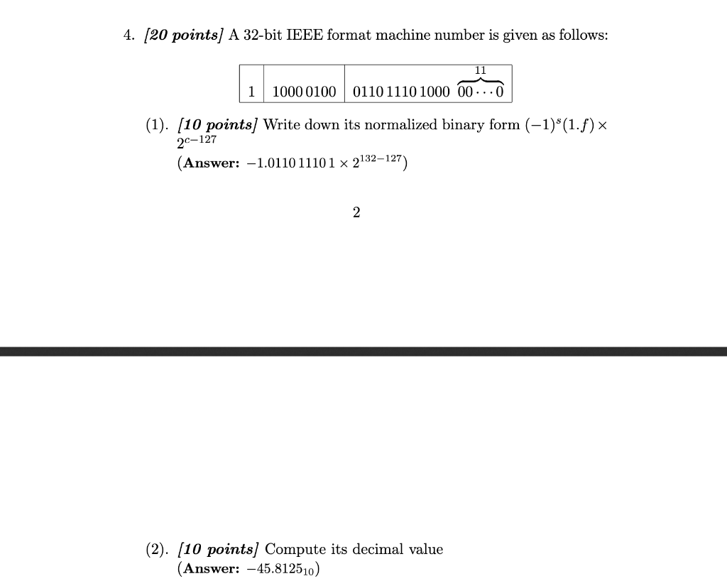 Solved 4. (20 points) A 32-bit IEEE format machine number is | Chegg.com