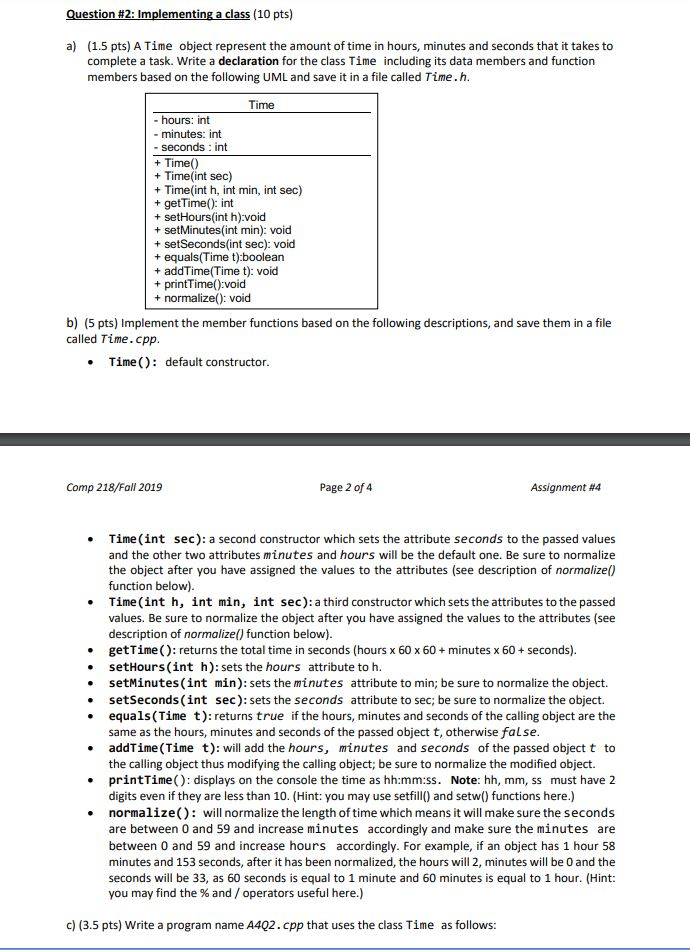 Solved Question #2: Implementing a class (10 pts) a) (1.5 | Chegg.com