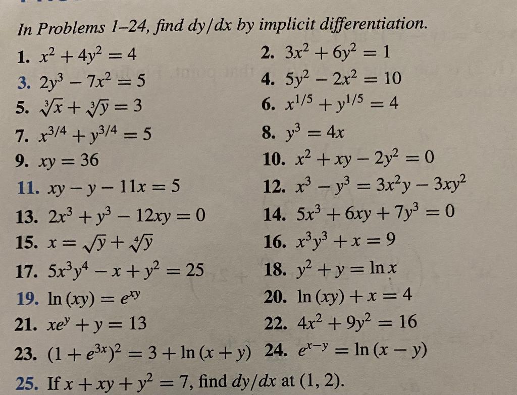 Solved - - - - In Problems 1-24, find dy/dx by implicit | Chegg.com