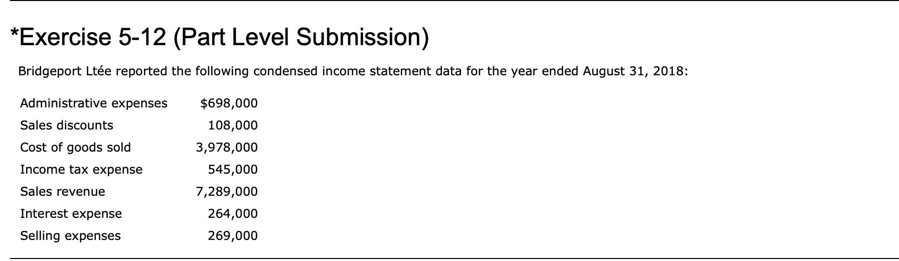 Solved *Exercise 5-12 (Part Level Submission) Bridgeport | Chegg.com