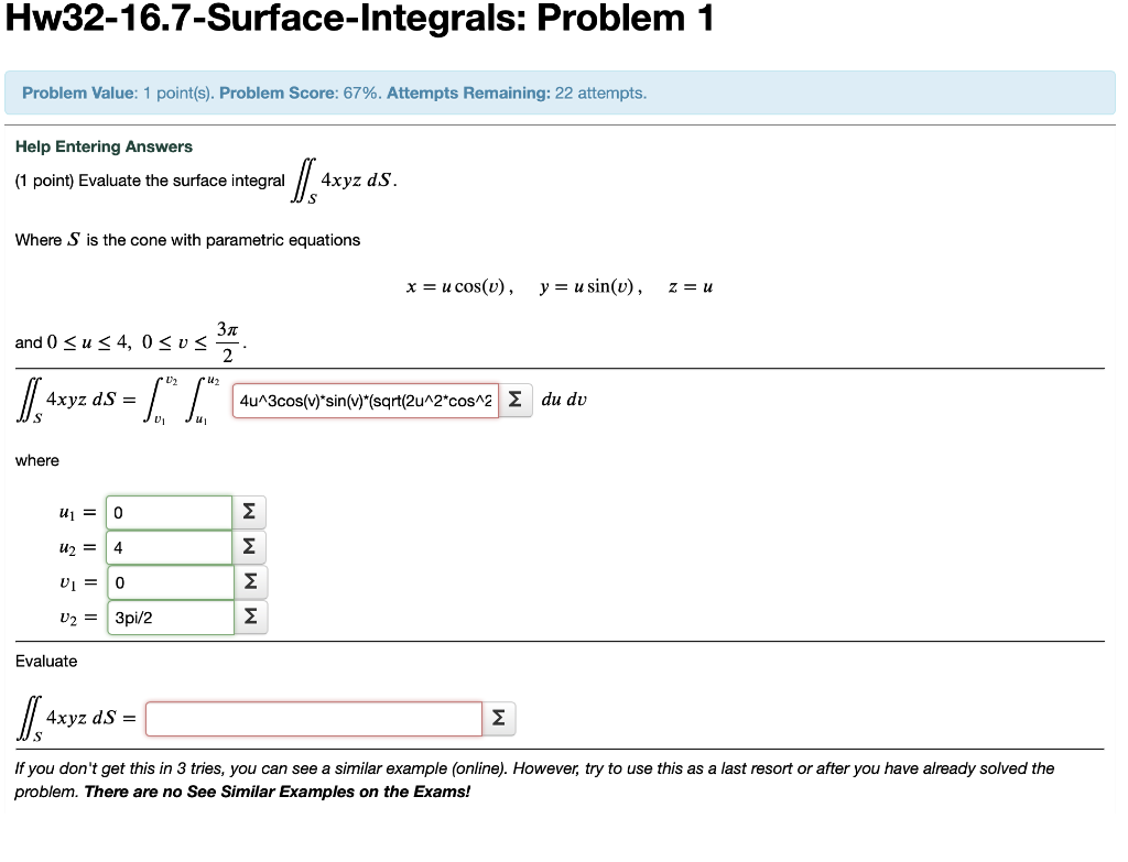 Solved Hw32-16.7-Surface-Integrals: Problem 1 Problem Value: | Chegg.com