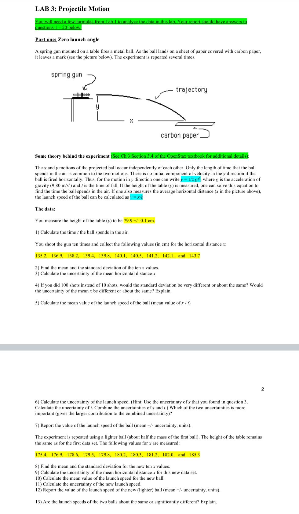 Solved LAB 3: Projectile Motion You will need a few formulas | Chegg.com